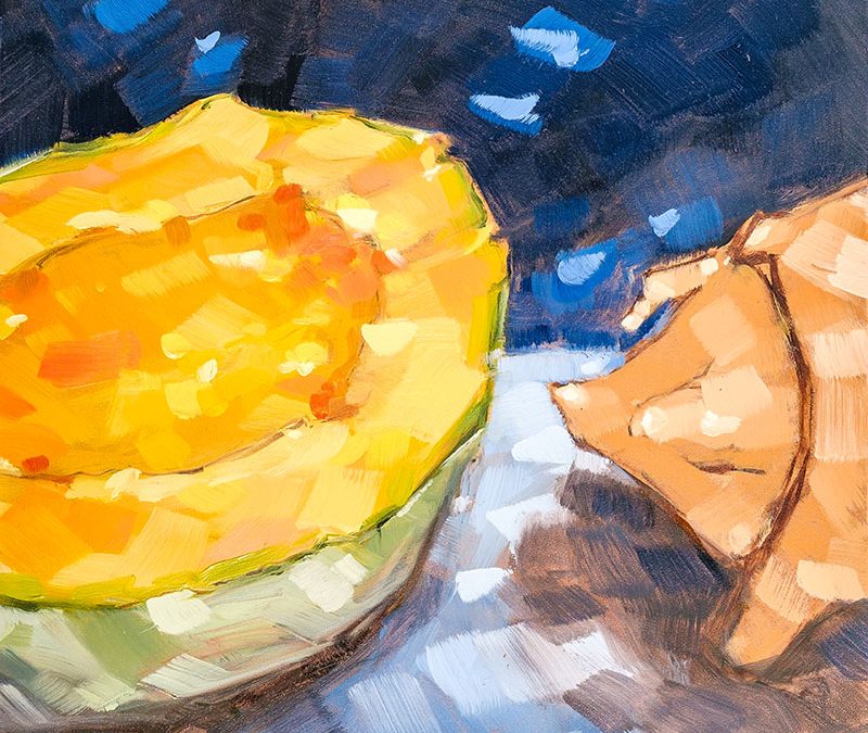 Christina Johnson “Melon Diving” 8×8 oil $150. | West End Gallery